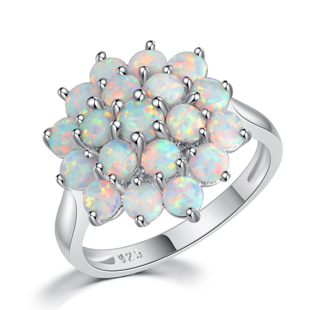 Flower White Fire Opal Silver Plated Ring