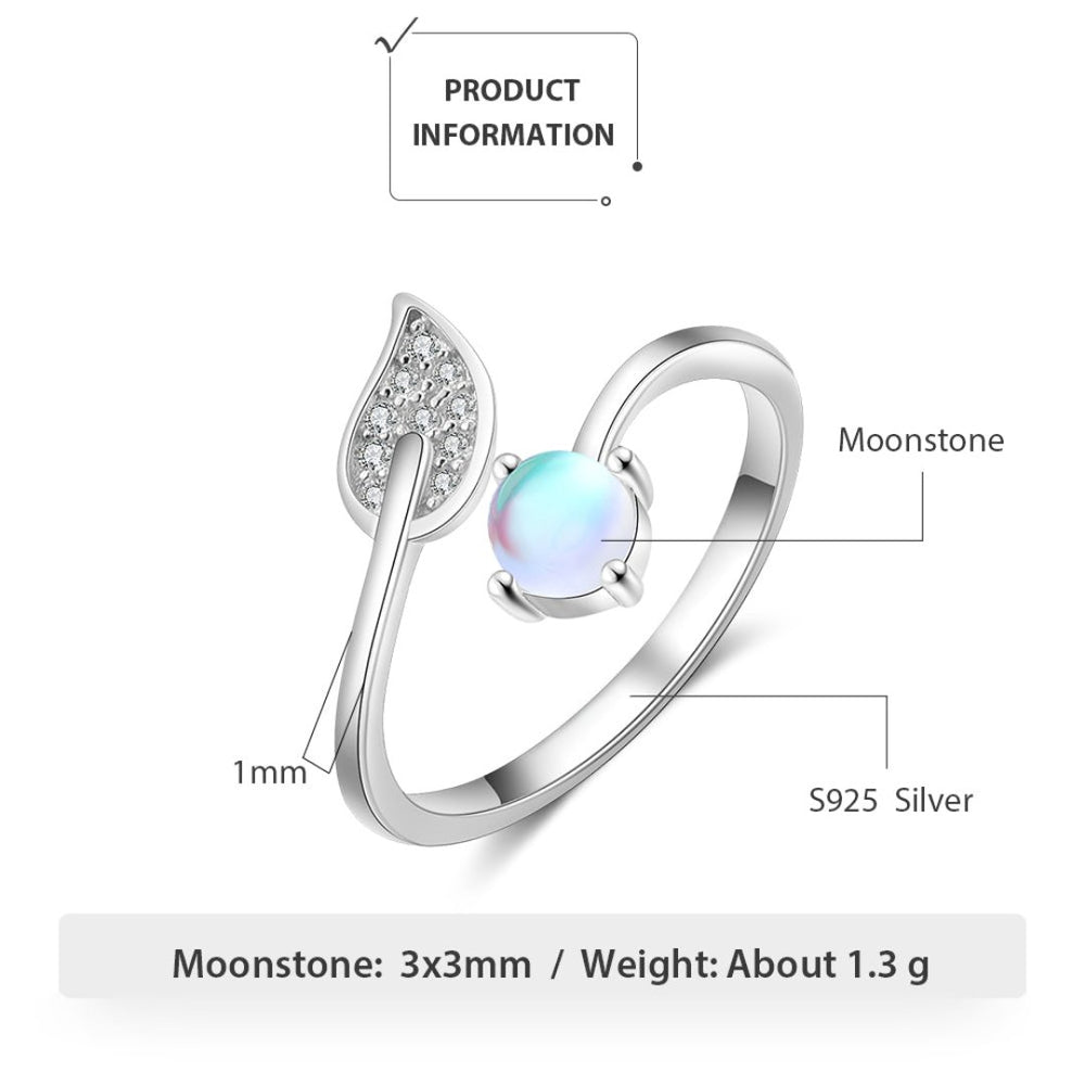 Leaf Zirconia & Moonstone Silver Adjustable Ring