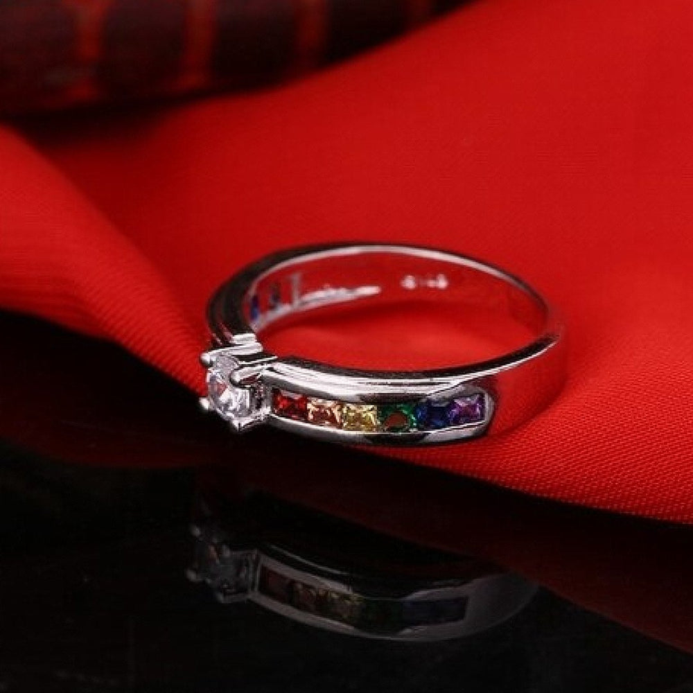 Love Rainbow Rhinestone Sterling Silver Ring