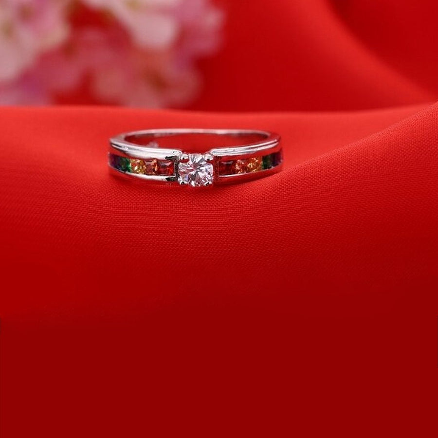 Love Rainbow Rhinestone Sterling Silver Ring